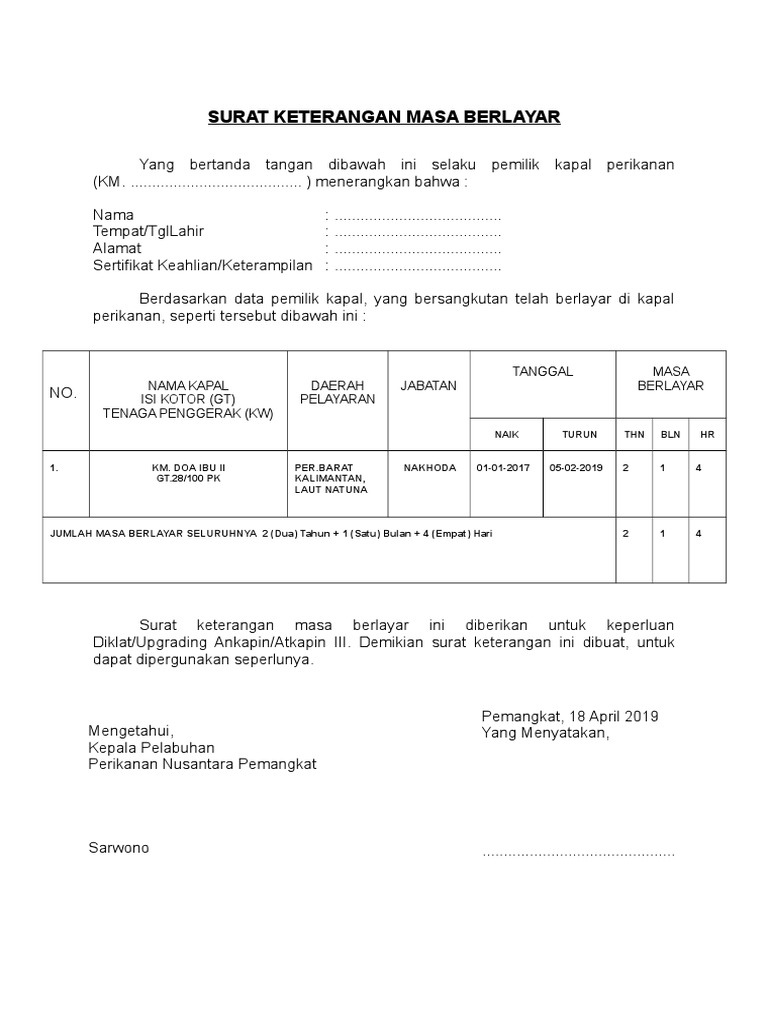 Surat Keterangan Masa Berlayar Kapal | PDF