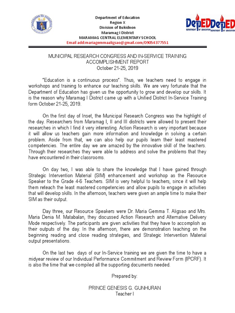 Maramag School In-Service Training Report | PDF | Teachers | Education ...