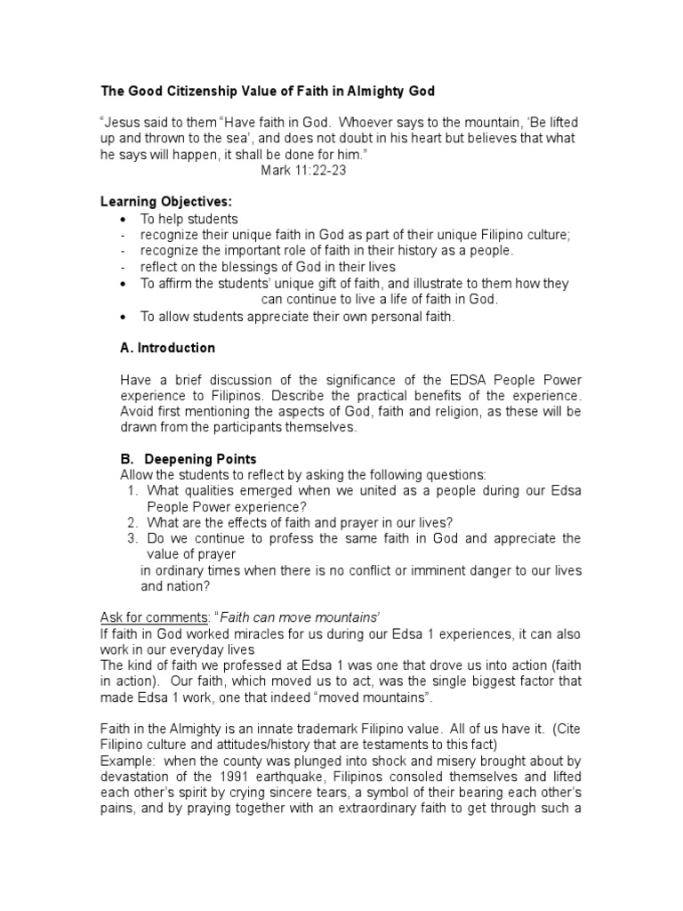 01 The Good Citizenship Value of Faith in Almighty God | PDF | Faith ...