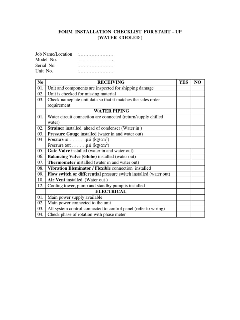 Form Installation Checklist Water Cooled - 1 | PDF | Valve | Pump