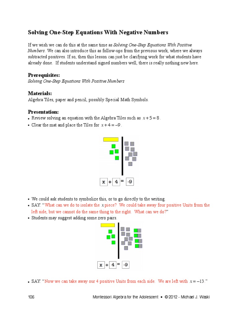 Solving One-Step Equations With Negative Numbers: Prerequisites | PDF ...