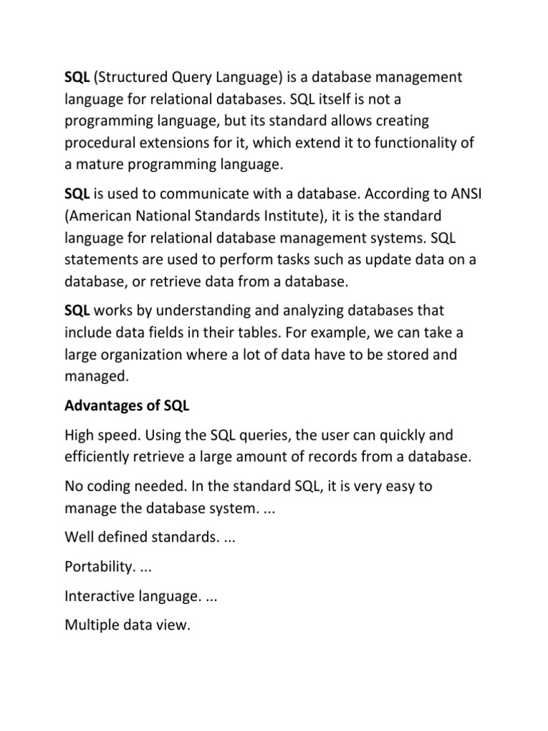 Sql Structured Query Language Is A Database Management Pdf Sql Databases