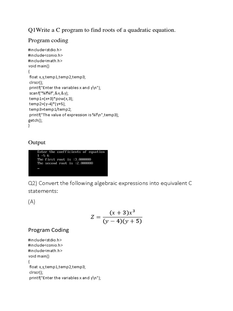 Q1Write A C Program To Find Roots of A Quadratic Equation. Program Coding | PDF | Elementary ...