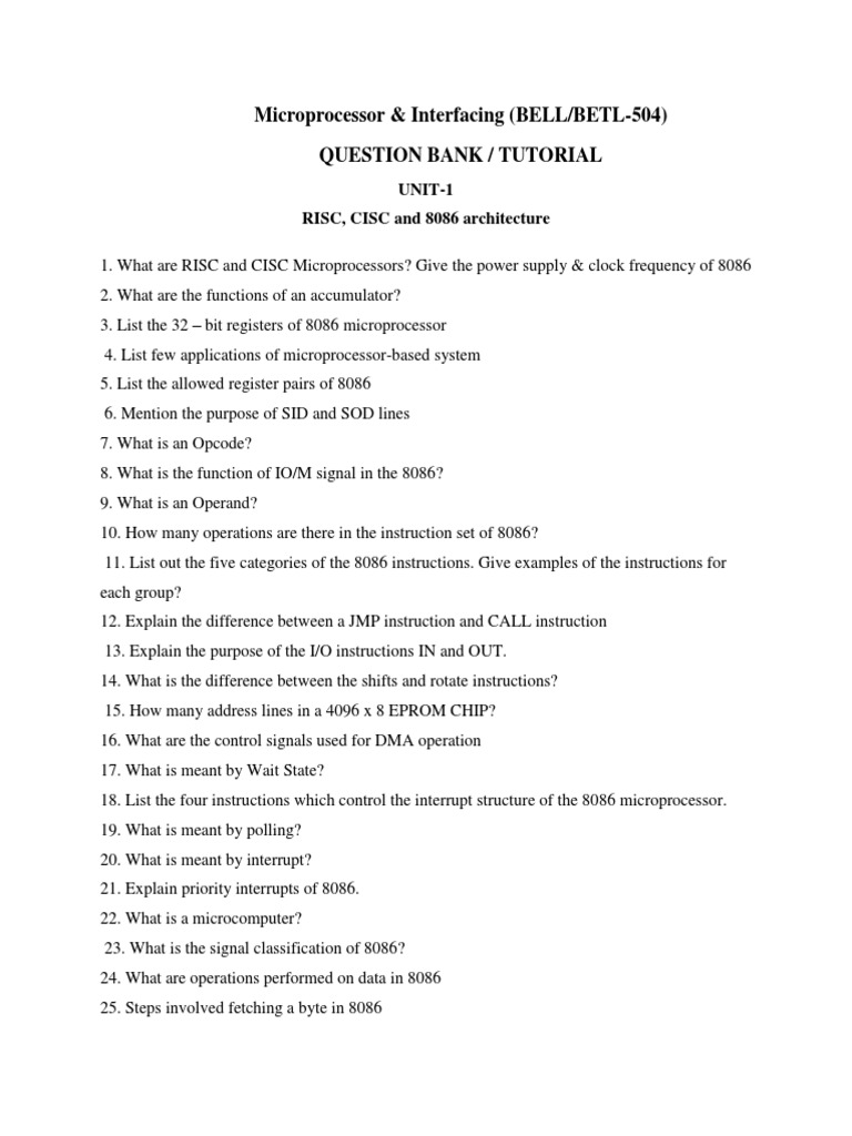 Microprocessor & Interfacing (BELL/BETL-504) Question Bank / Tutorial | PDF | Input/Output ...