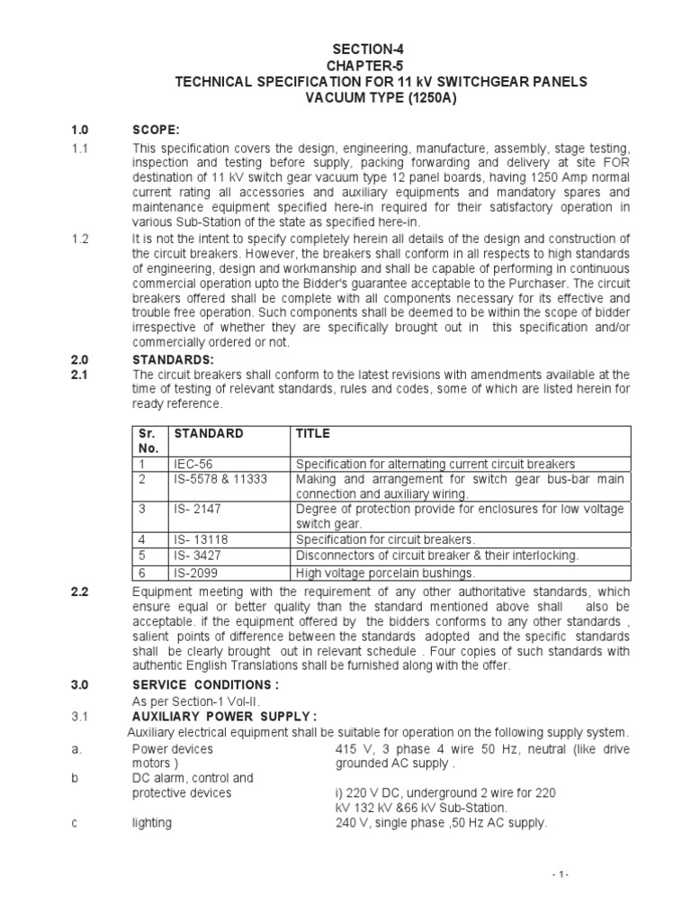 11 kV Vacuum Switchgear Specifications | PDF | Relay | Electrical ...