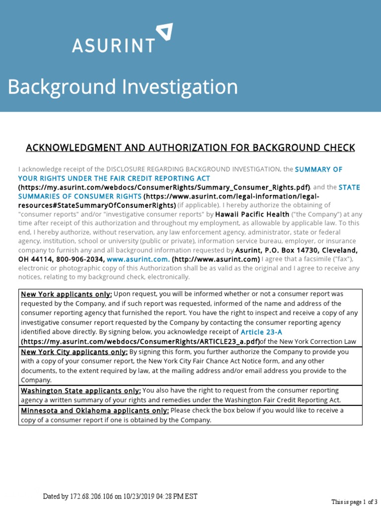 Background Investigation: Acknowledgment and Authorization For ...