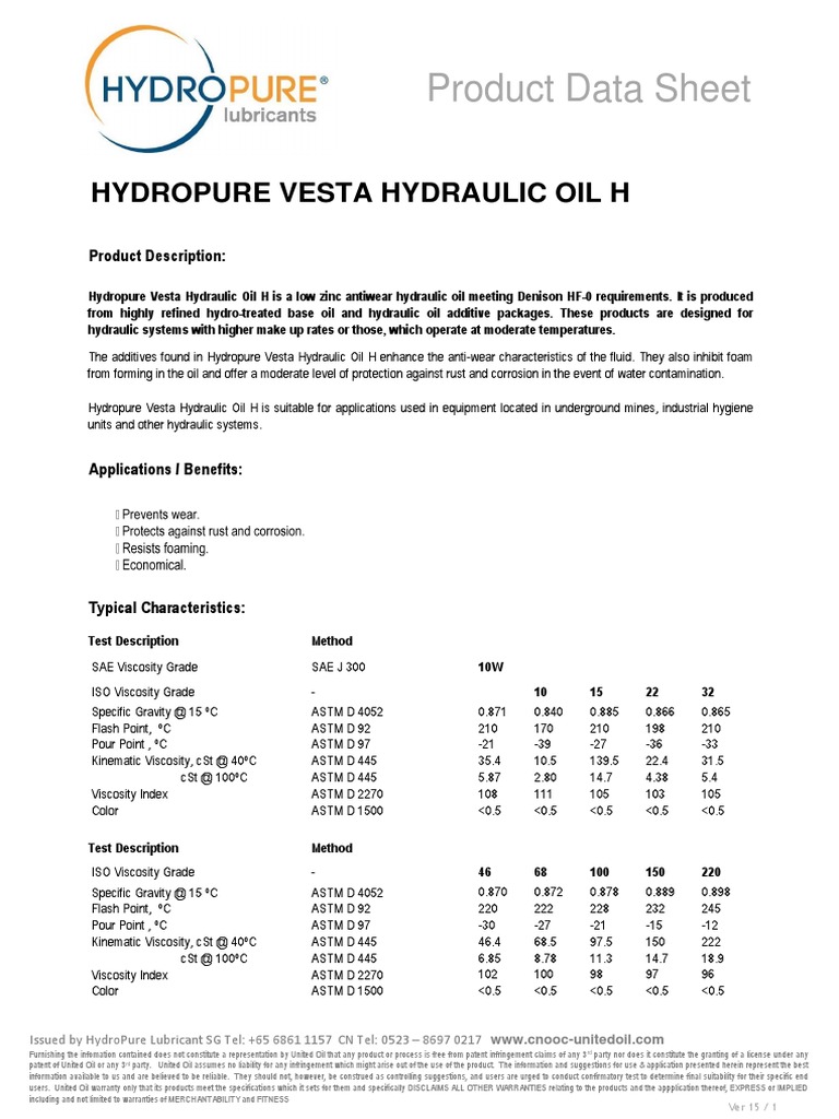 HydroPure Vesta Hydraulic Oils H (AW) Series | PDF | Viscosity | Liquids