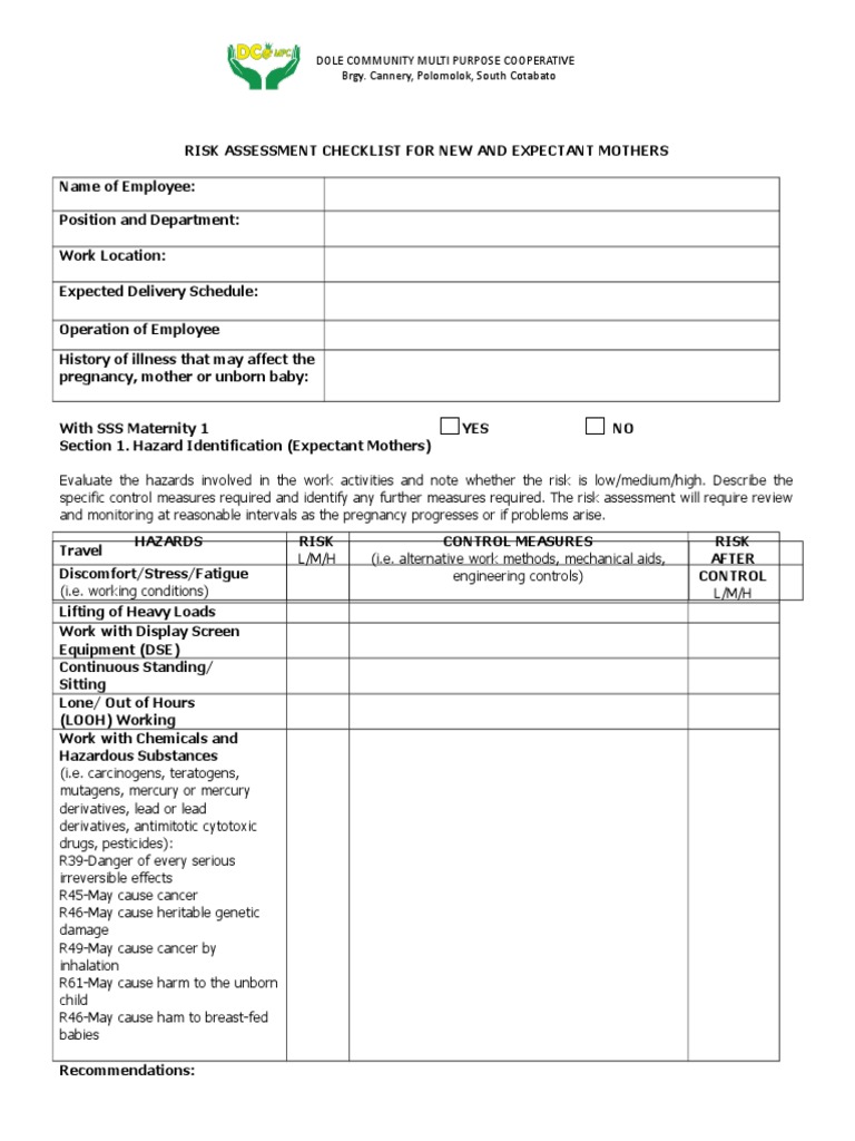 Risk Assessment Checklist For New and Expectant Mothers | PDF ...