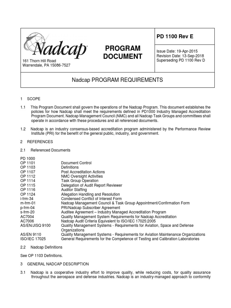 PD 1100 Nadcap Program Requirements | PDF | Auditor's Report | Audit