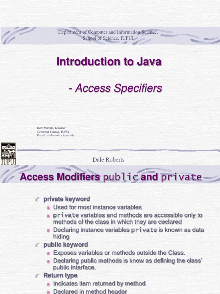 Introduction To Java Access Specifiers Pdf Method Computer Programming Class