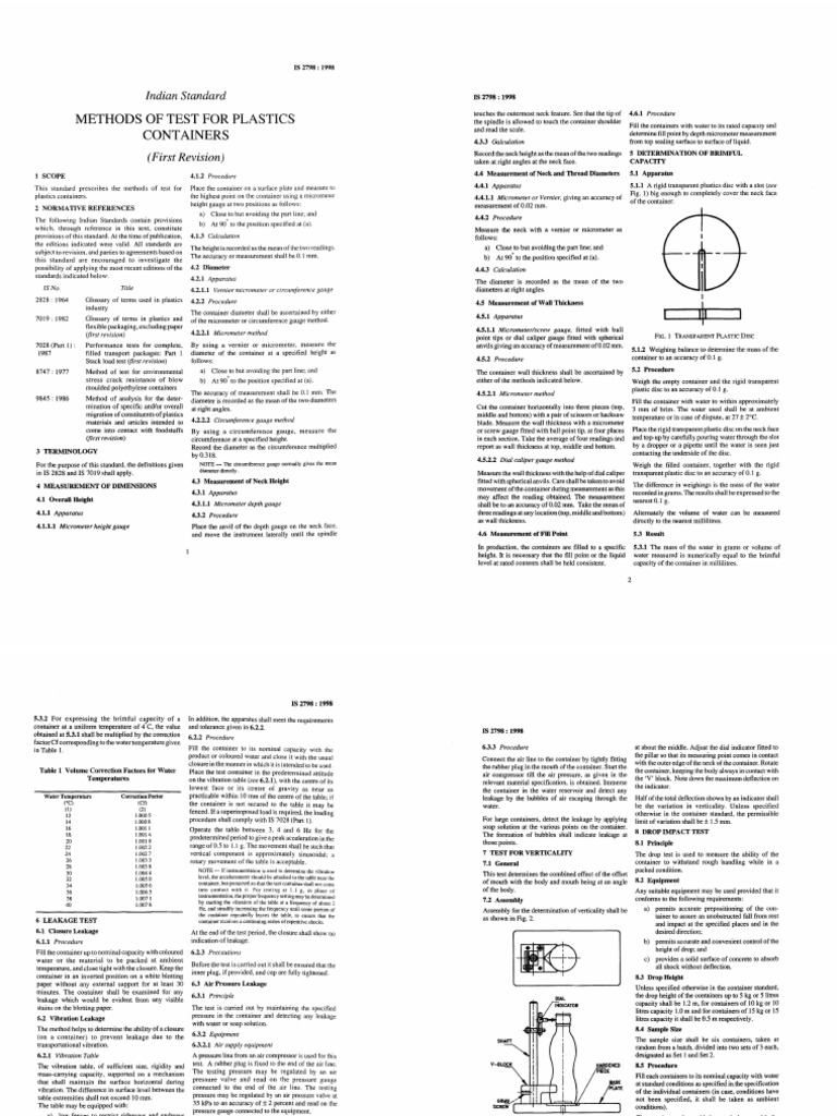 Is 2798 (1998) - Methods of Test For Plastics Containers | PDF ...