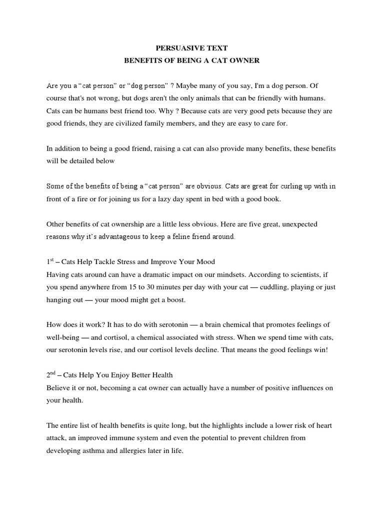 Persuasive Text Benefit of Owning Cats | PDF | Cats | Pet
