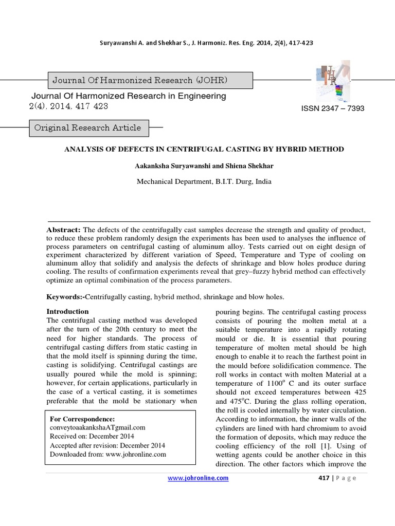 Analysis Of Defects In Centrifugal Casting Of Aluminum Alloy Using A Grey Fuzzy Hybrid Method