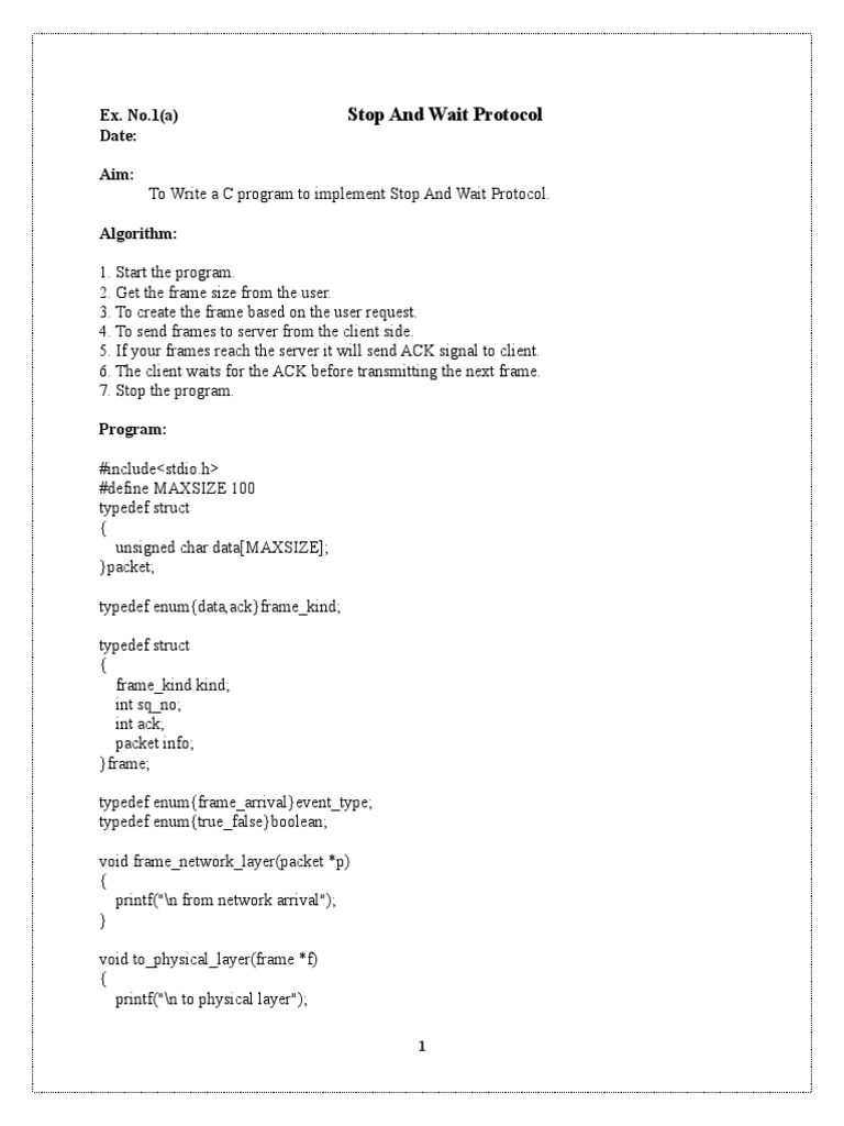 Stop and Wait Protocol: Ex. No.1 (A) Date: Aim | PDF | Network Socket ...
