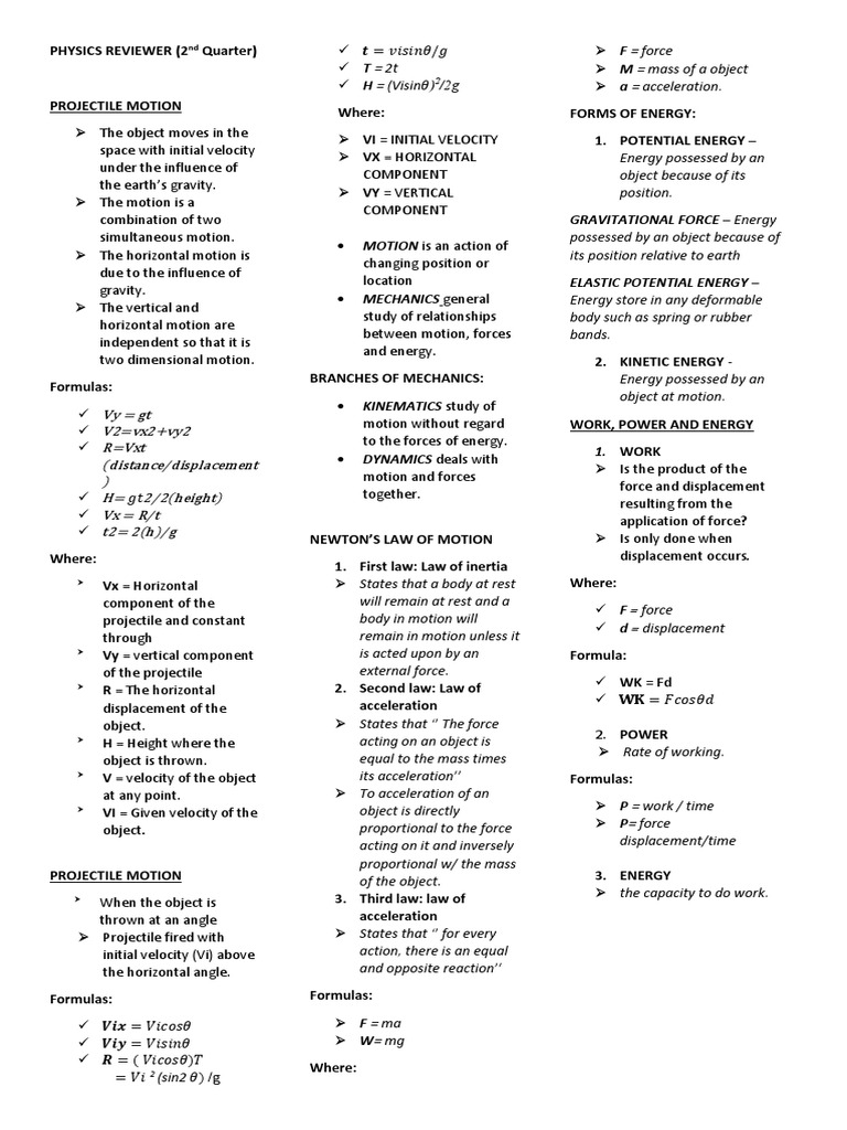 Physics Reviewer 2nd Quarter | PDF | Acceleration | Force