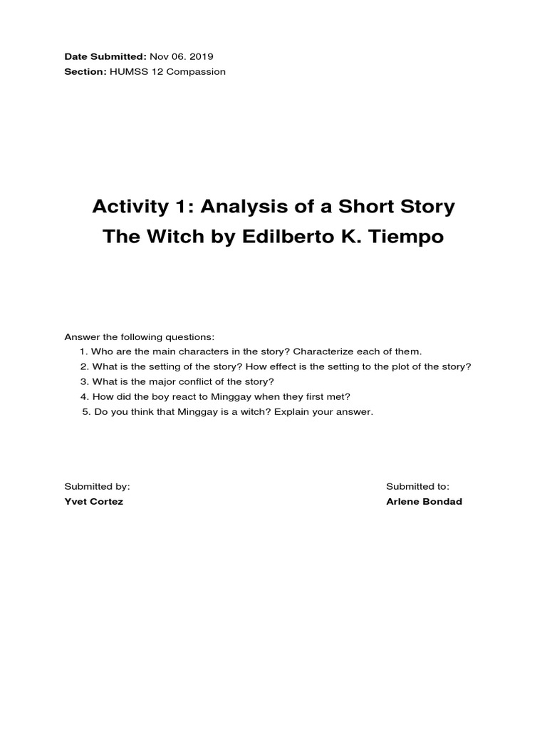Activity 1: Analysis of A Short Story The Witch by Edilberto K. Tiempo ...