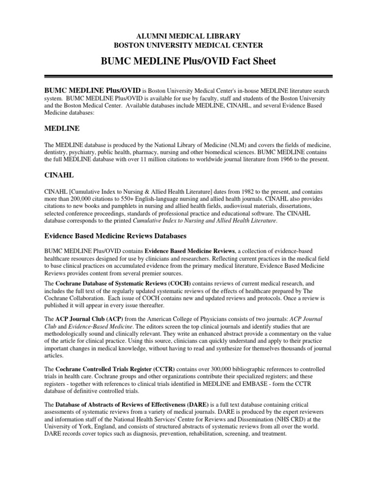 BUMC MEDLINE Plus/OVID Fact Sheet: Alumni Medical Library Boston ...
