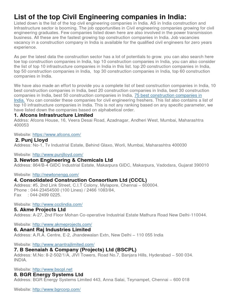List of The Top Civil Engineering Companies in India | PDF | Mumbai ...
