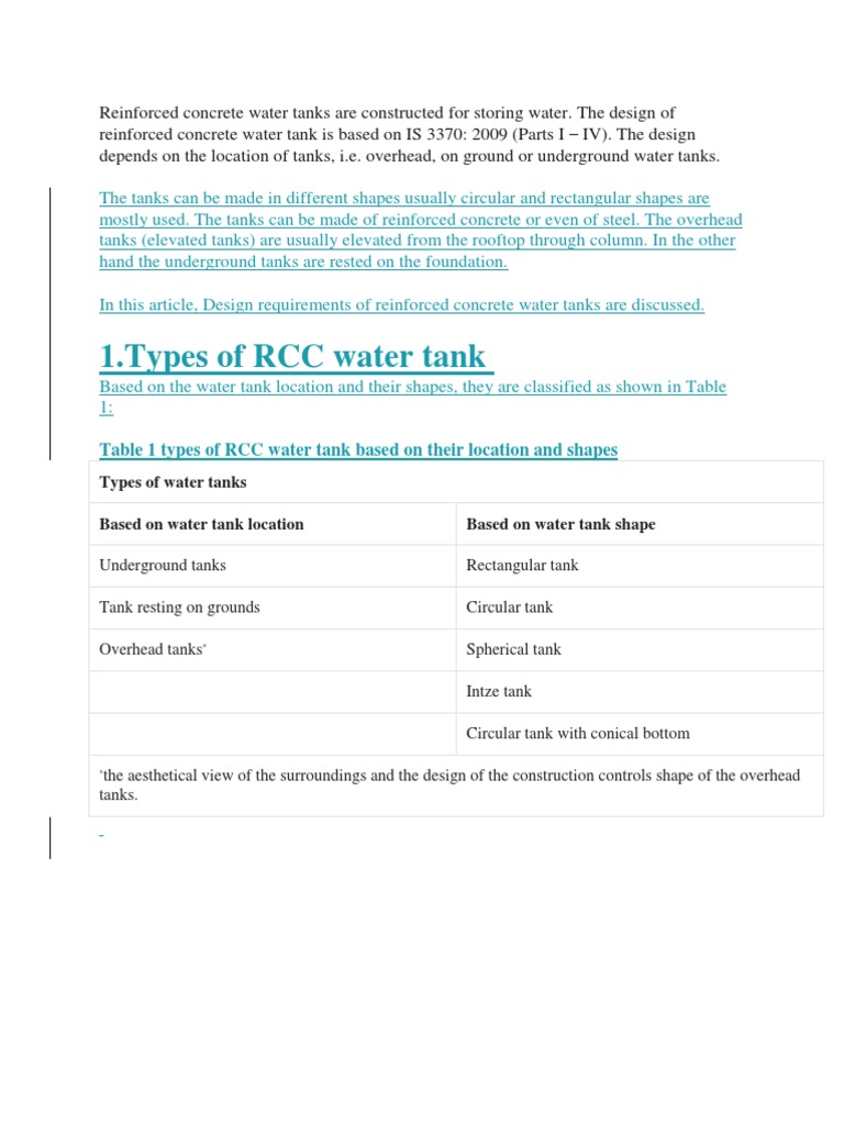 Water Tank Design Spec | PDF | Reinforced Concrete | Concrete