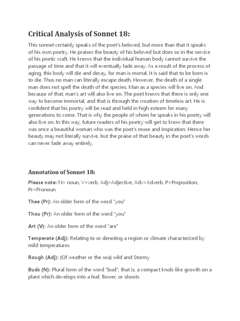 Critical Analysis of Sonnet 18 | Sonnets | Shakespeare's Sonnets
