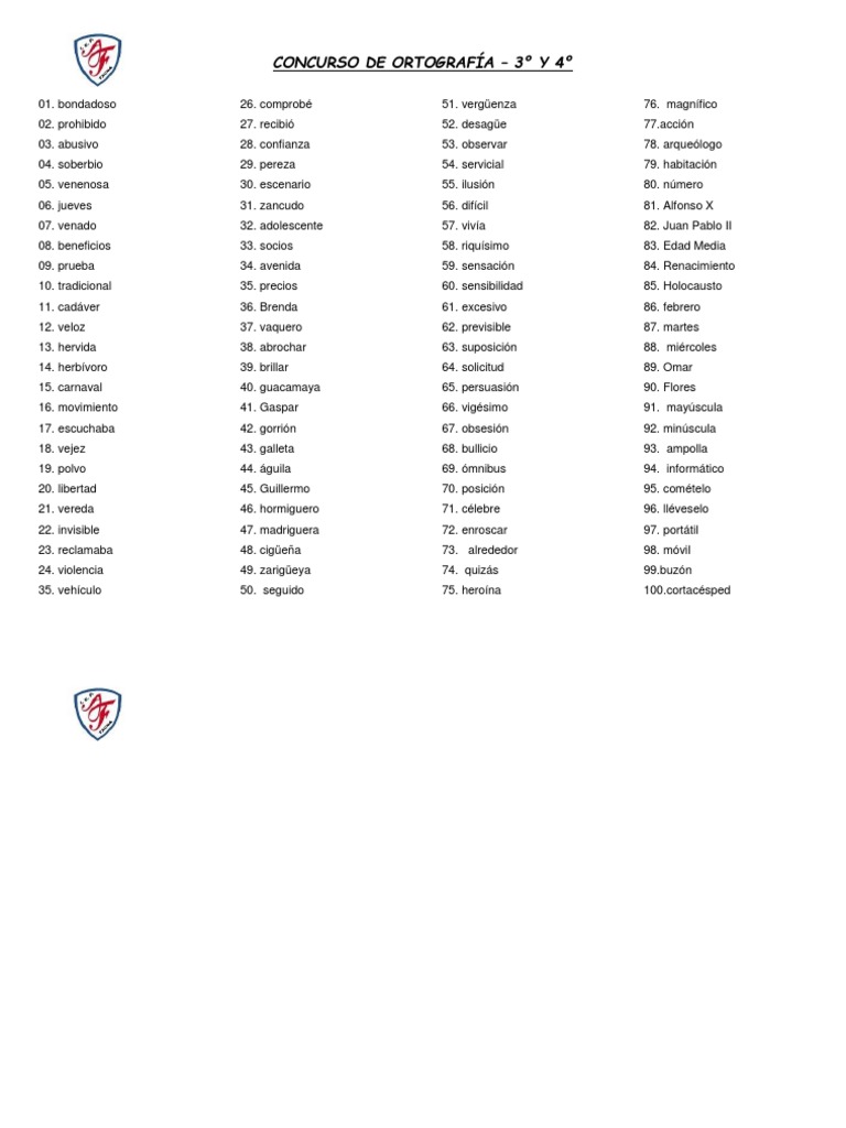 Palabras De Ortografía De 3er Grado