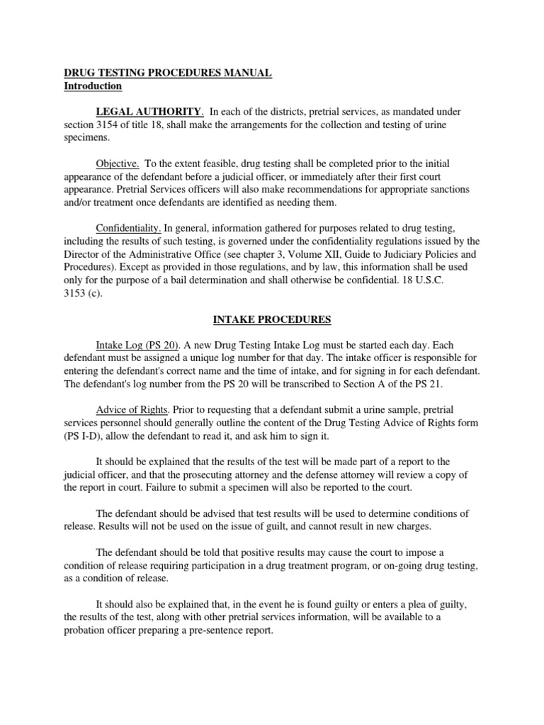 Drug Testing Procedures Manual LEGAL AUTHORITY. in Each of The ...