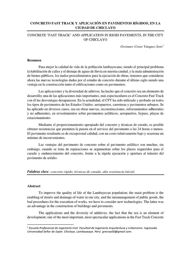 Concreto Fast Track y Aplicación en Pavimentos Rígidos | PDF | Hormigón ...