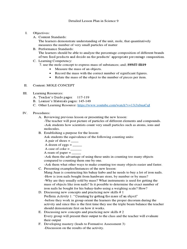 Grade 9 Mole Concept Lesson Plan | PDF | Mole (Unit) | Lesson Plan