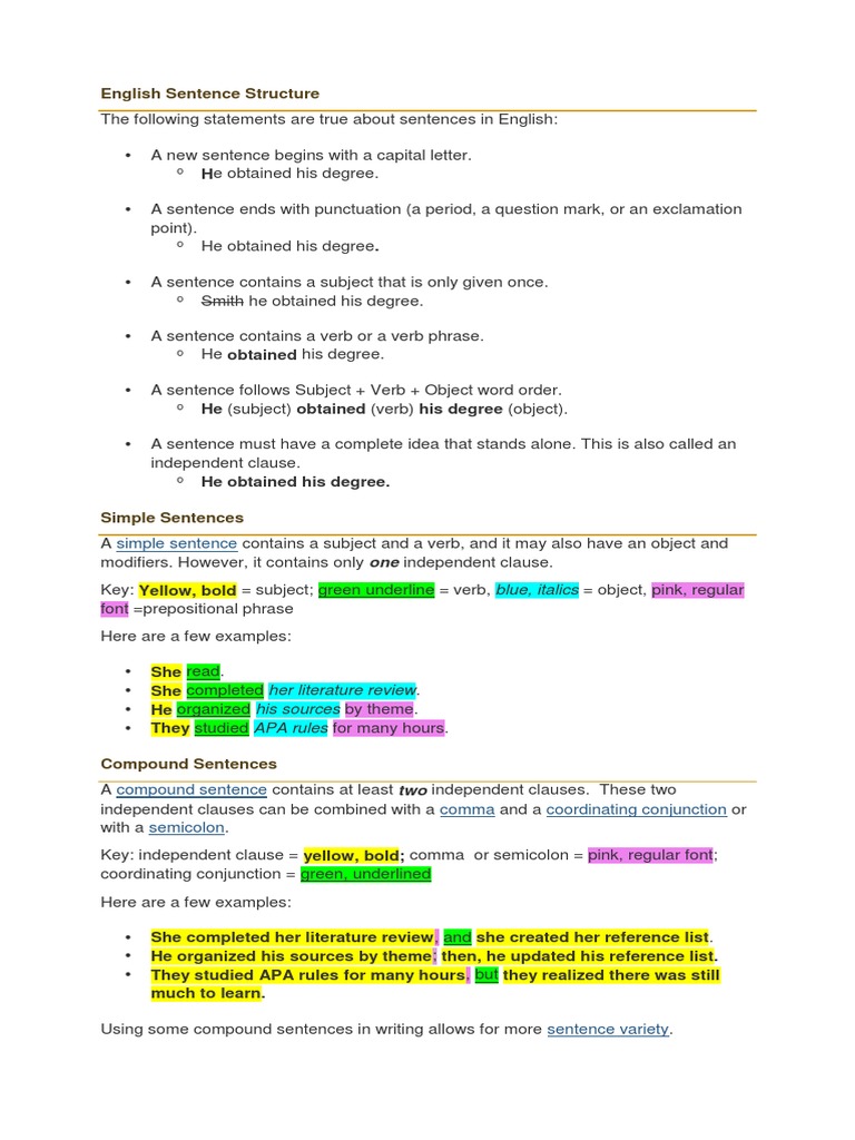 Sentence Structure | PDF | Sentence (Linguistics) | Semantic Units