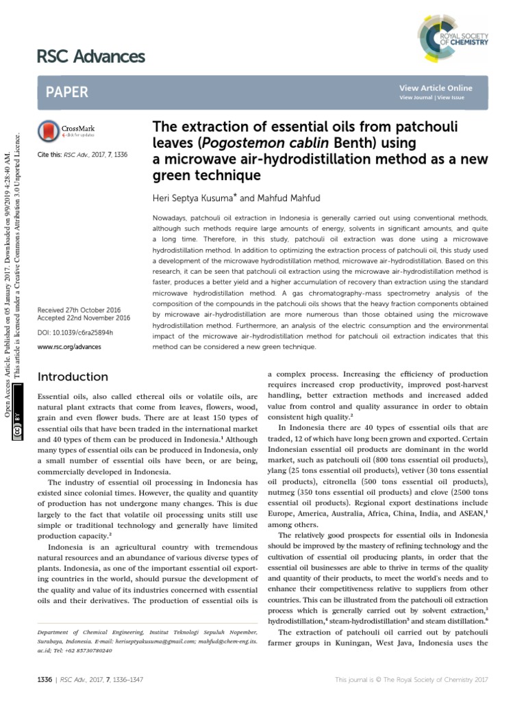 The Extraction of Essential Oils From Patchouli Using Microwave Air ...