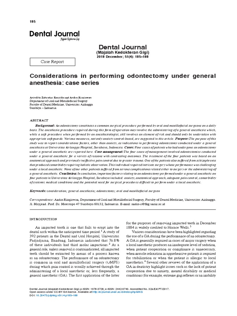 Dental Journal: Considerations in Performing Odontectomy Under General ...
