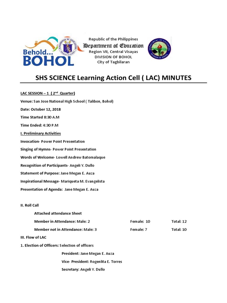 SHS SCIENCE Learning Action Cell (LAC) MINUTES: Department of Education ... SHS SCIENCE Learning Action Cell (LAC) MINUTES: Department of Education ...