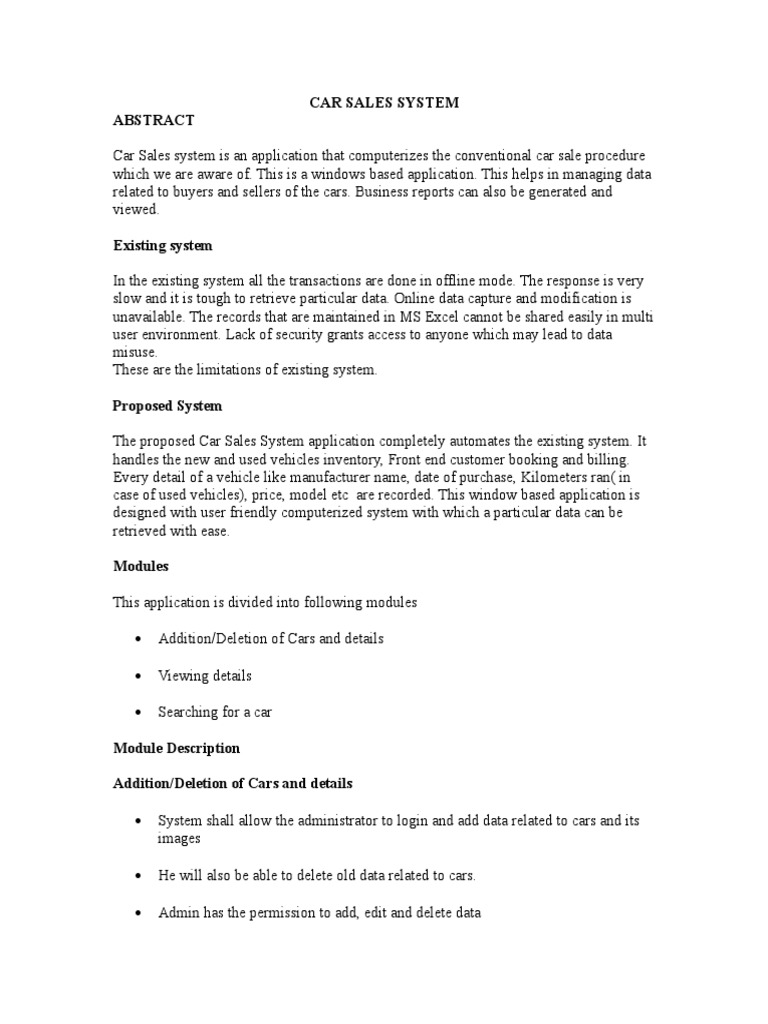 Car Sales System Abstract | PDF | Technology & Engineering