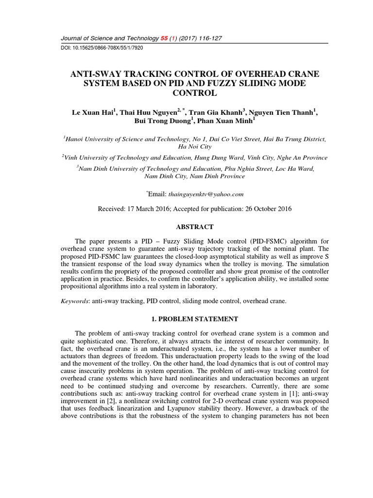 Anti-Sway Tracking Control of Overhead Crane Fuzzy SMC | PDF | Control ...