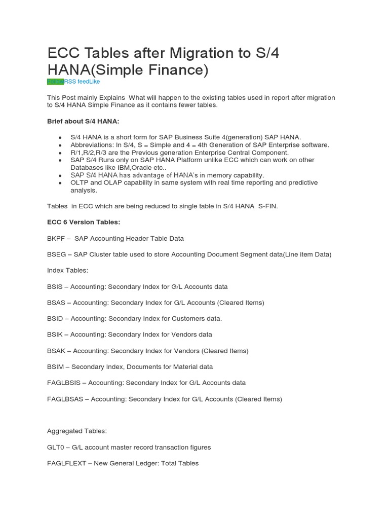 ECC Tables After Migration To S/4 HANA (Simple Finance) | PDF