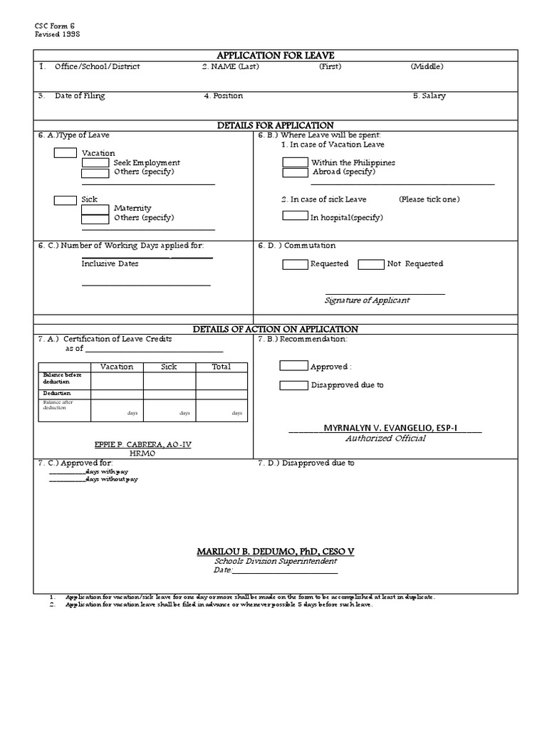 Application For Leave: CSC Form 6 Revised 1998 | PDF | Government ...