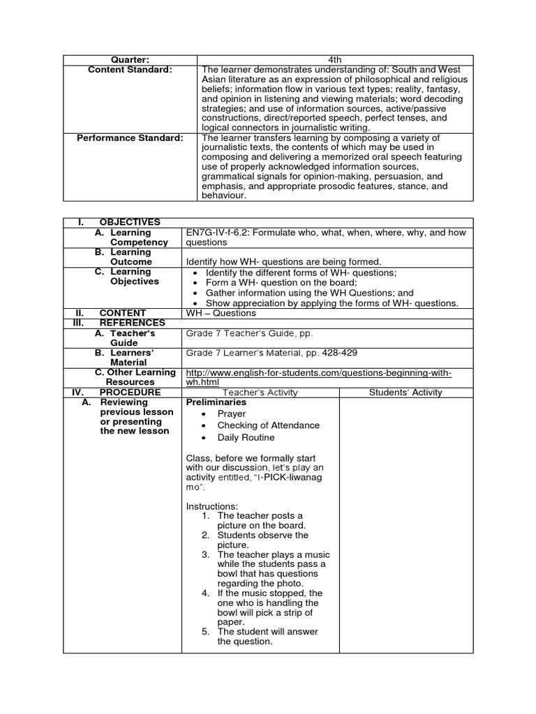 WH Questions Lesson Plan for Grade 7 | PDF | Question | Verb
