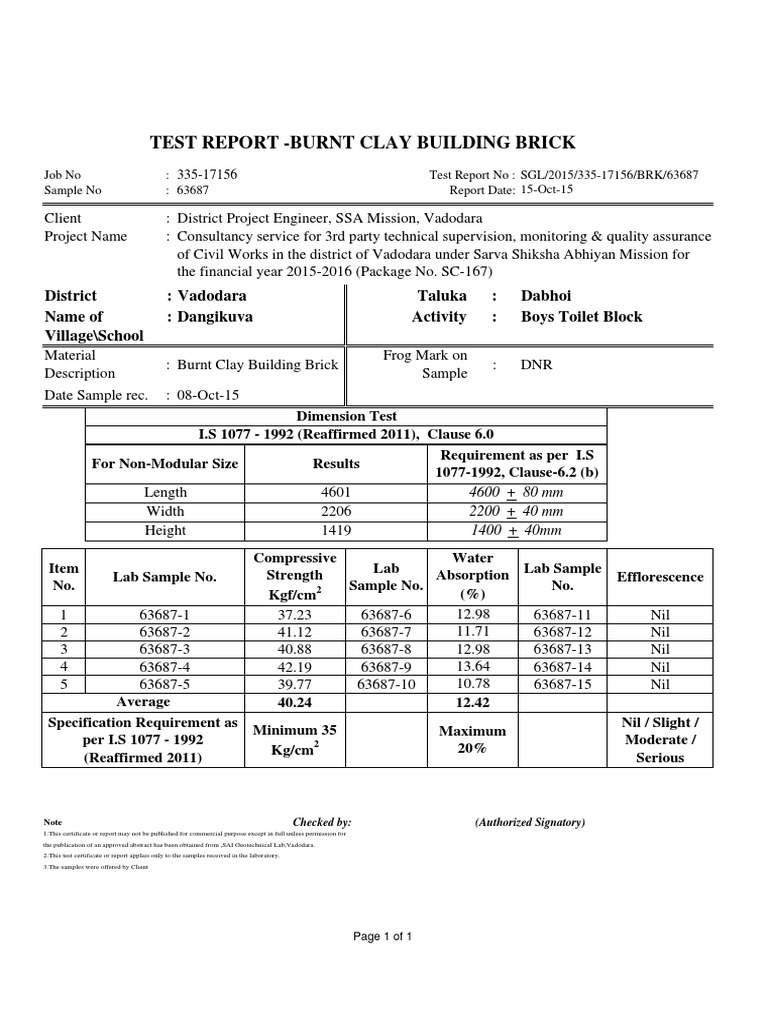 Test Report - Burnt Clay Building Brick | PDF | Economic Sectors ...