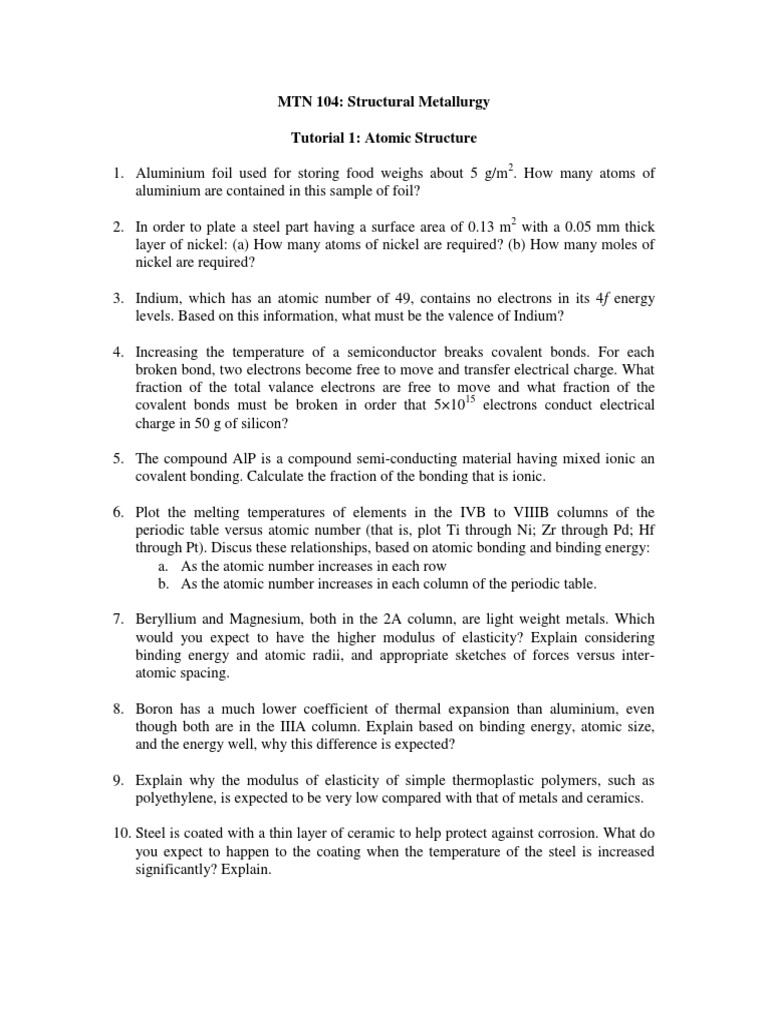 MTN 104: Structural Metallurgy Tutorial 1: Atomic Structure | PDF