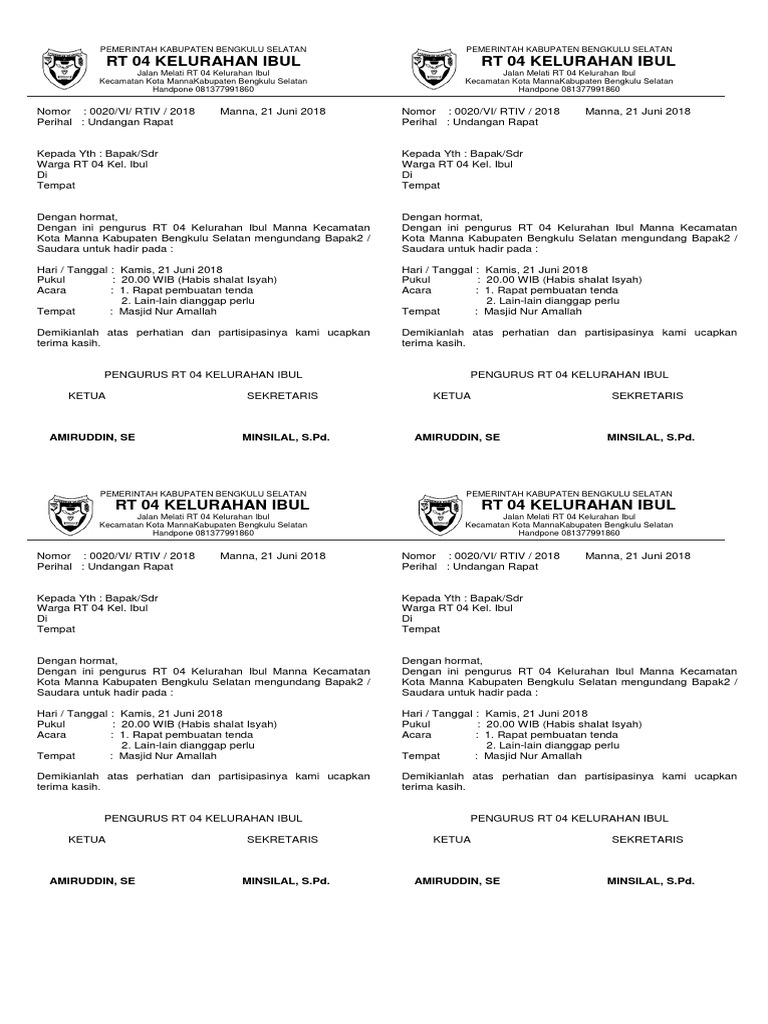 Undangan Rapat RT 04 Kel. Ibul | PDF | Memasak, Makanan, & Anggur