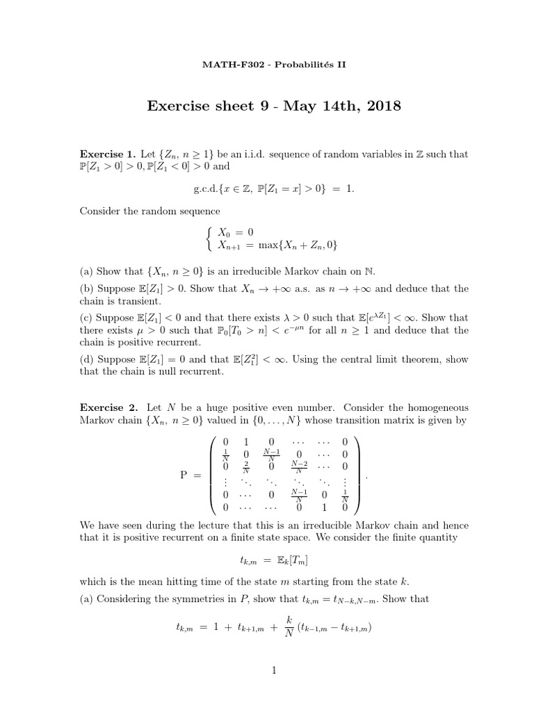 Exercise Sheet 9 - May 14th, 2018: MATH-F302 - Probabilit Es II | Download Free PDF | Markov ...