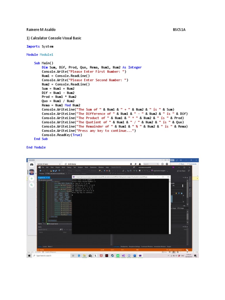 Rainere M Asaldo Bscs1A 1) Calculator Console Visual Basic: Imports Sub ...