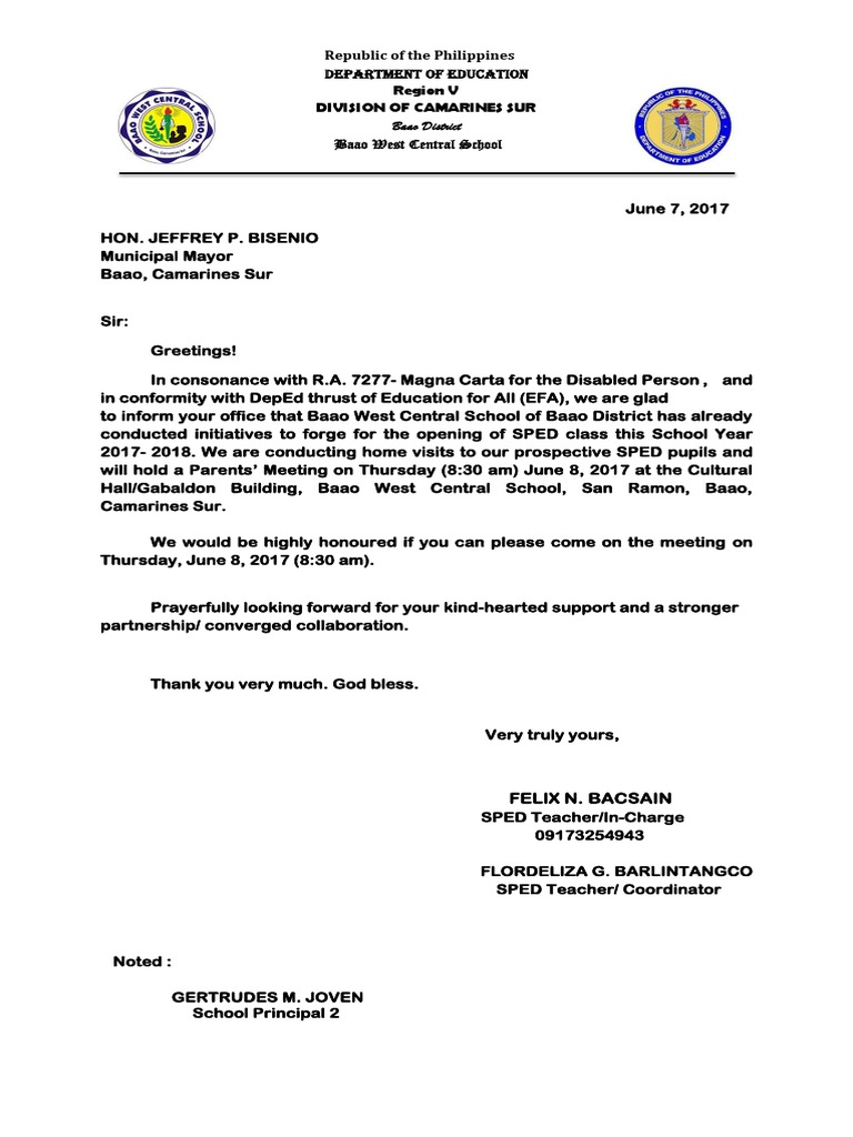 Request Letter To DepEd-Baao | PDF | Learning | Social Institutions