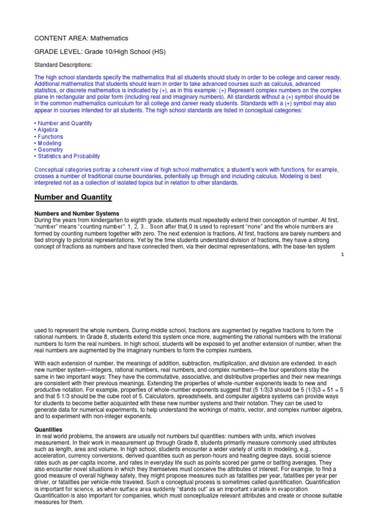 CONTENT AREA: Mathematics GRADE LEVEL: Grade 10/high School (HS) | PDF ...