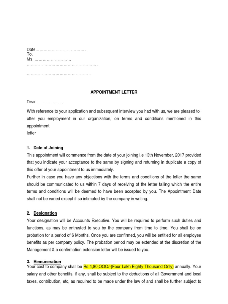 Appointment Letter Format | PDF | Employment | Government