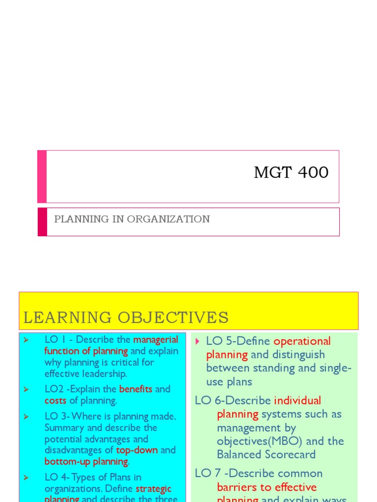 MGT400 Planning | PDF | Strategic Management | Goal