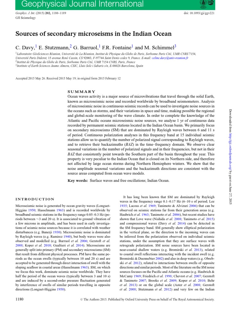 Sources of Secondary Microseisms in The Indian Ocean: C. Davy, E ...