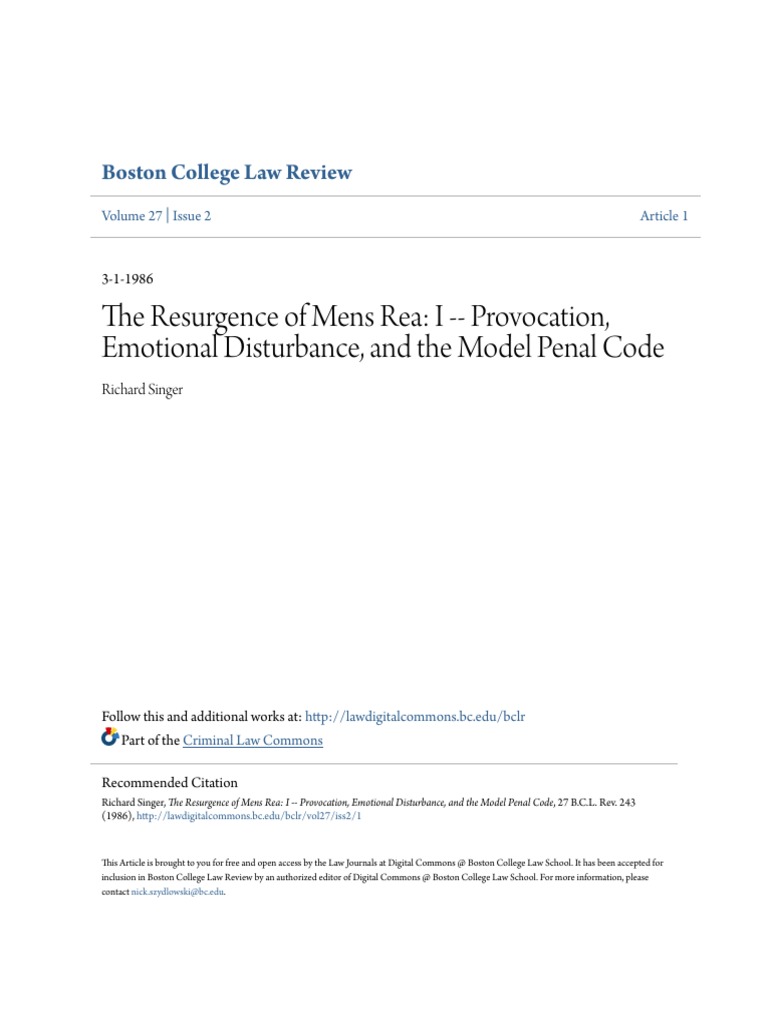 The Resurgence of Mens Rea - I - Provocation Emotional Disturban | PDF ...