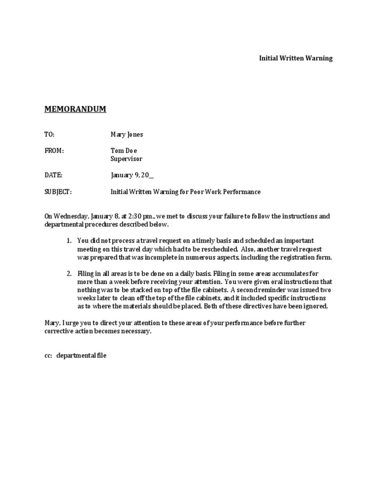 Memorandum: Initial Written Warning | Human Resources | Employment ...