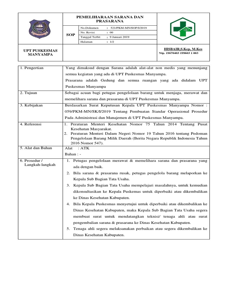 SOP Pemeliharaan Sarana Dan Prasarana | PDF